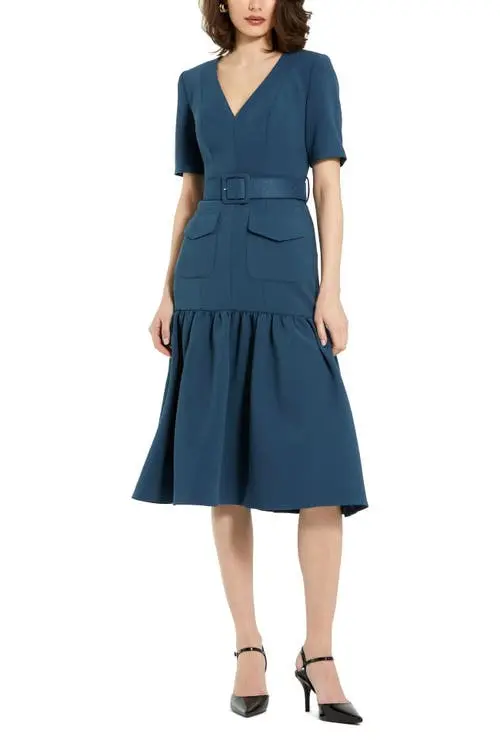 Mac Duggal Crepe Midi Dress With Belt And Pockets - Deep Blue