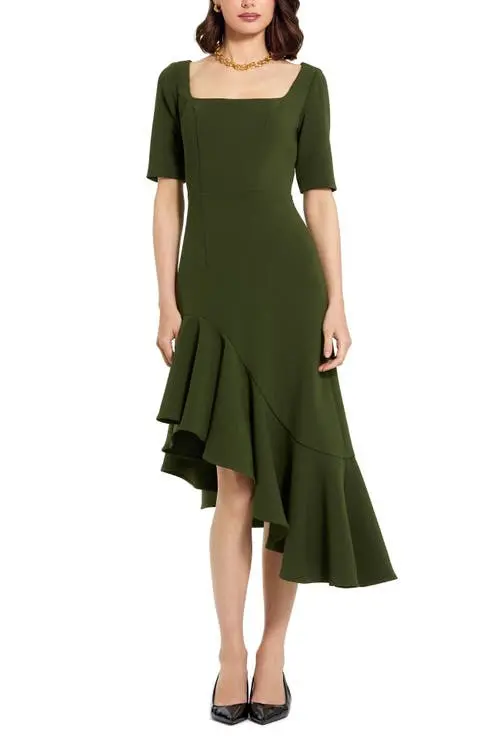 Mac Duggal Crepe 3/4 Sleeve Asymmetrical Hem Belted Dress - Dark Green