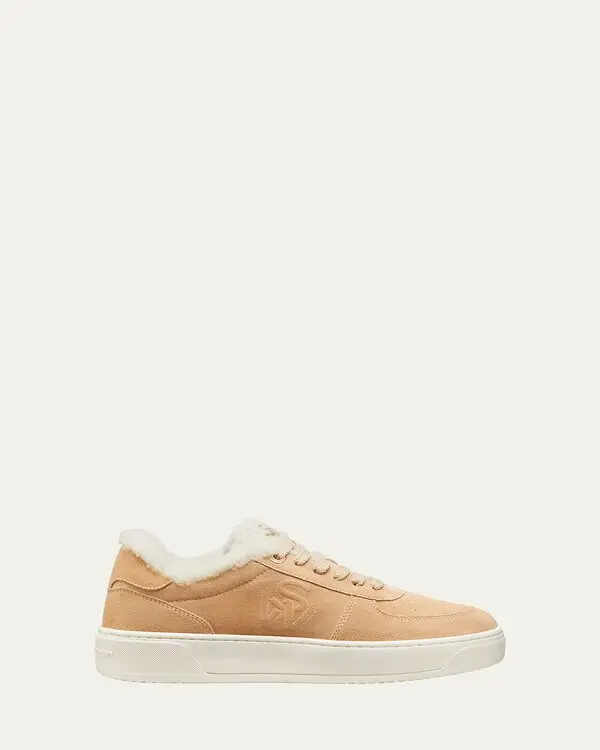 Stuart Weitzman Courtside Suede Shearling Low-Top Sneakers Adobe