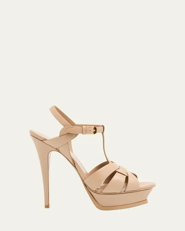 Saint Laurent Tribute Leather T-strap Platform Sandals - Dark Beige