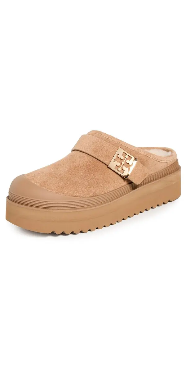 Tory Burch Shearling Platform Mules - Light Chestnut/gold