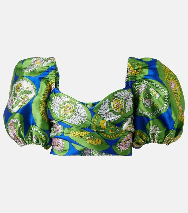 ALEMAIS Alémais Printed Balloon-sleeve Cropped Top - Green