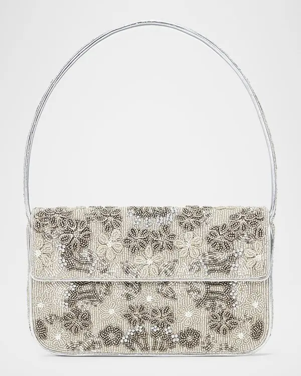 Staud Tommy Beaded Flap Shoulder Bag - Silver Garden Party