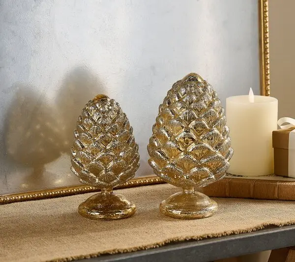 VALERIE PARR HILL As Is Set-2 Mercury Glass Pinecones On Pedestals