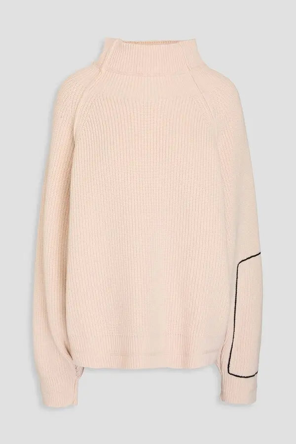 Victoria Beckham Embroidered Ribbed Wool Turtleneck Sweater - Cream