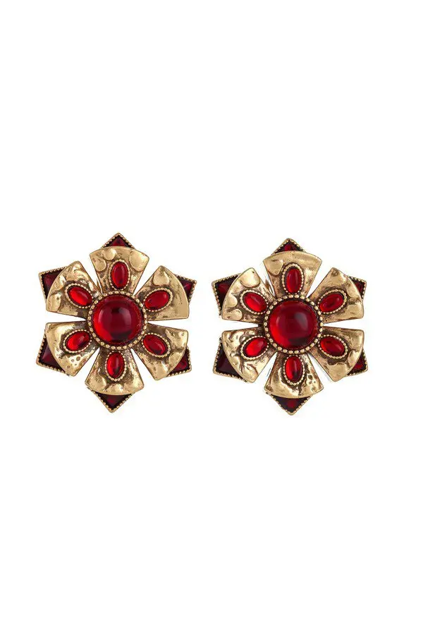 KENNETH JAY LANE Antique Tone Earrings With Ruby Cabochon