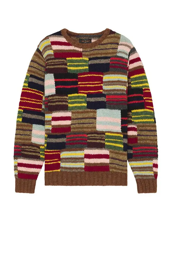 BEAMS Hand Knit Patchwork Sweater - Stripe
