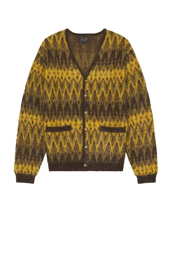 BEAMS Cardigan Double Jacquard Chevron Pattern