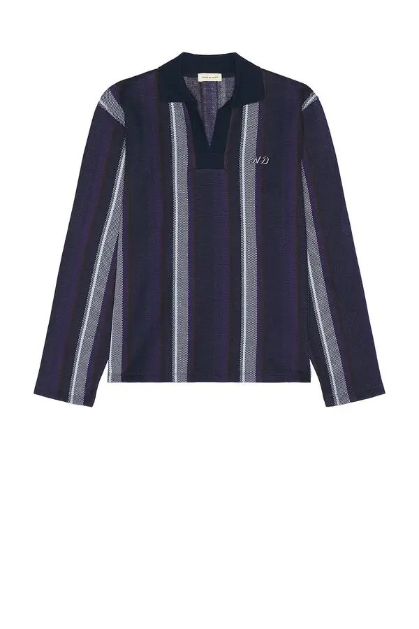 NICHOLAS DALEY Long Sleeve Striped Polo In Blue - Navy & Chocolate