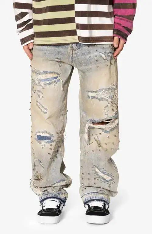 Mnml Ultra Baggy Emo Studded Distressed Jeans - Blue | Editorialist