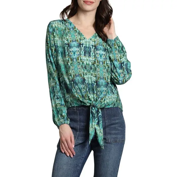 APNY Print Tie Front Top - Green Multi