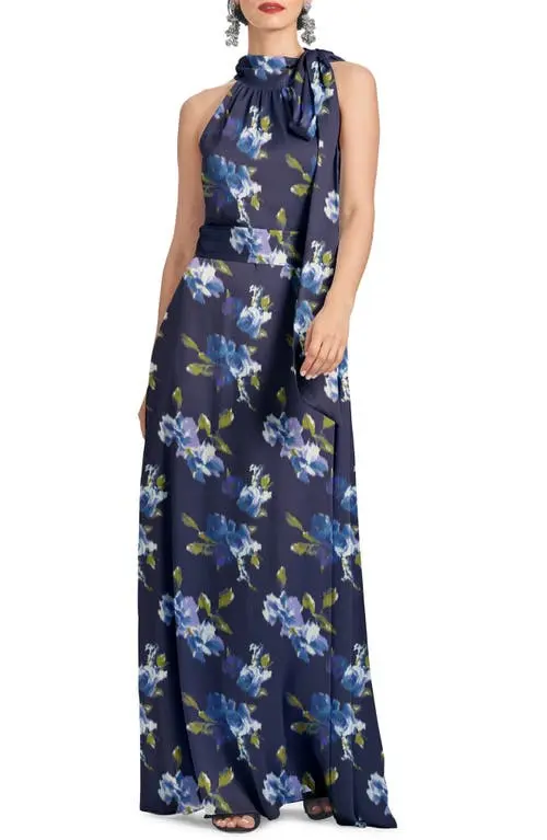 Sachin & Babi Kayla Floral Halter Gown - Midnight Corsage