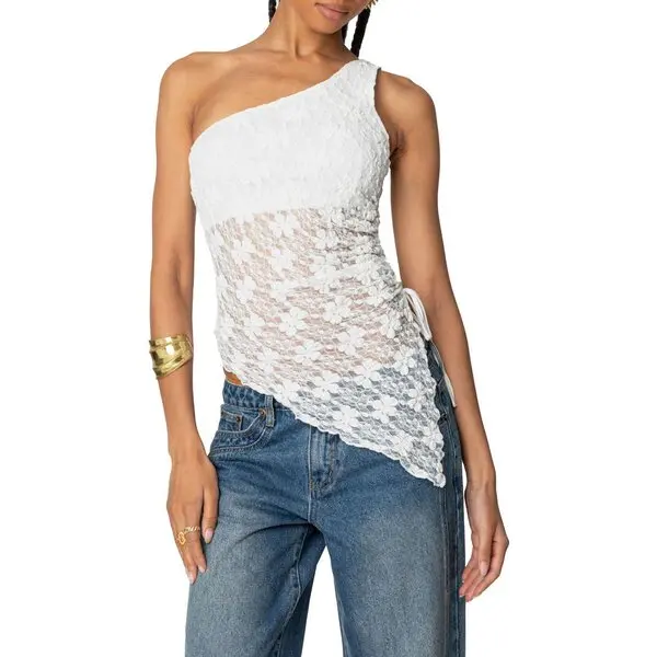 EDIKTED Sheer Lace One-shoulder Top