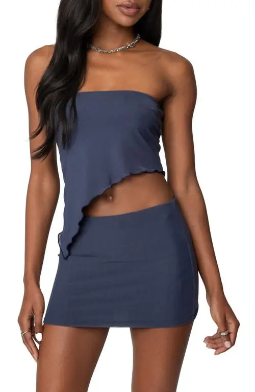 EDIKTED Vivi Strapless Asymmetric Mesh Top - Blue