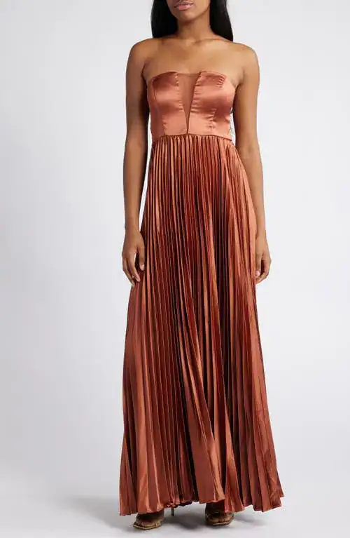 Lulus Strapless Pleated Satin Gown In Mauve Brown - 78% Off | Editorialist