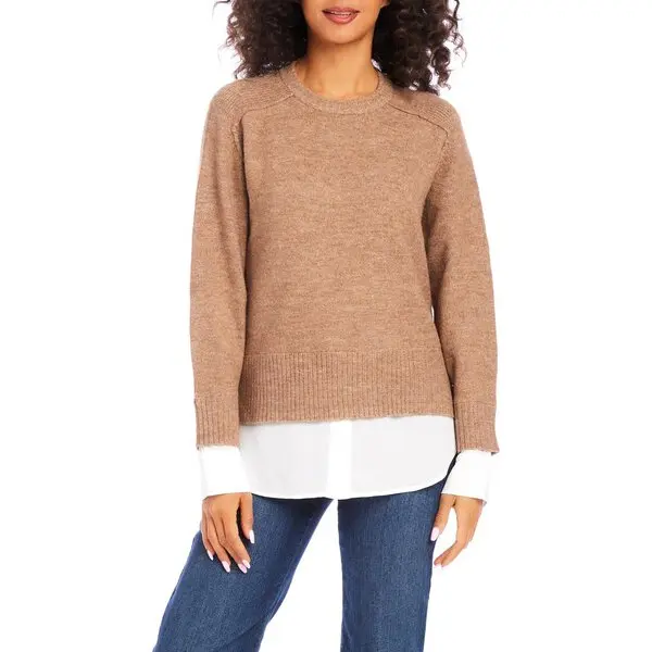 Karen Kane Mixed Media Layered Crewneck Sweater - Wheat