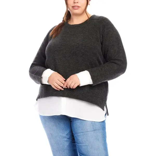 Karen Kane Mixed Media Layered Crewneck Sweater - Charcoal