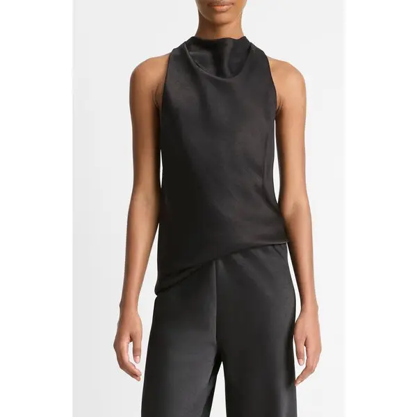 Vince Cowl Neck Hammered Satin Sleeveless Top - Black