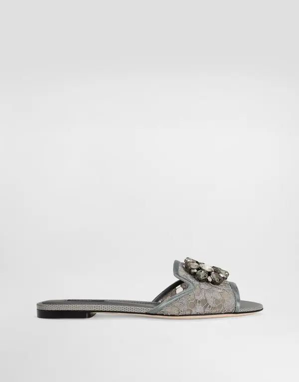 Dolce & Gabbana Bianca Lace Slides With Crystals - Grey