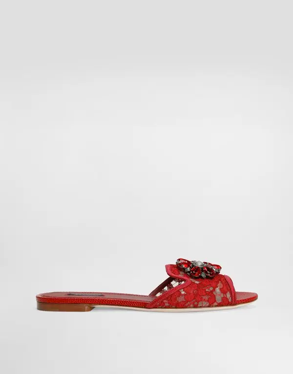 Dolce & Gabbana Bianca Jeweled Lace Slippers - Dark Red