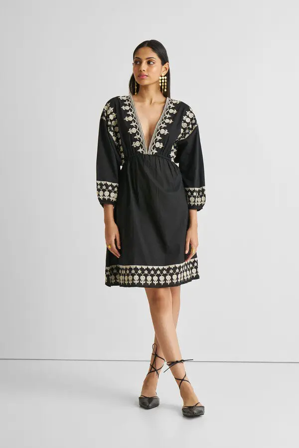 REISTOR Deep V Embroidered Dress