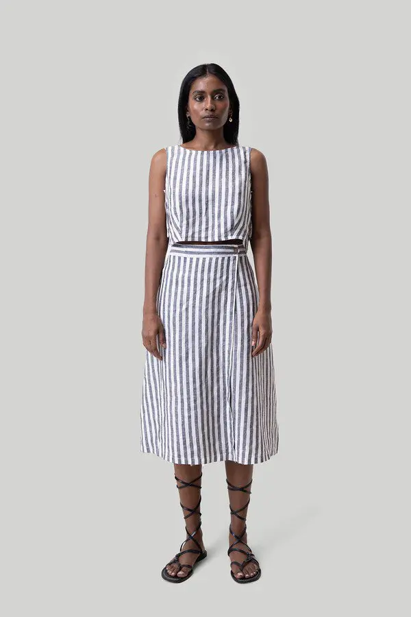 REISTOR Overlap Midi Striped Linen Skirt - Stripe