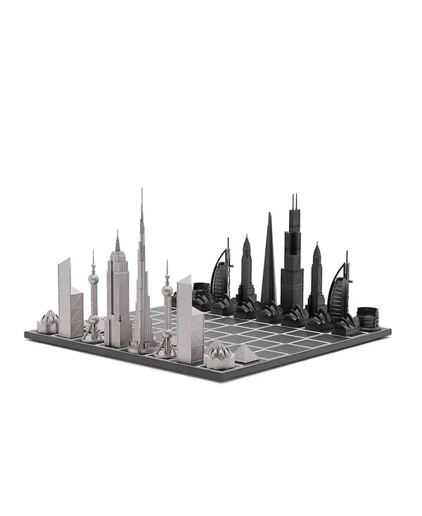 Skyline Chess Chess Set Stainless Steel World Icons With Wooden Grid ...