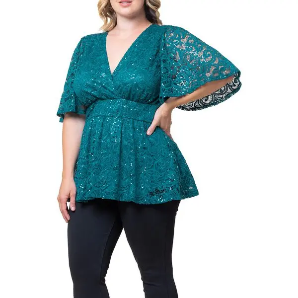 KIYONNA Stardust Sequin Lace Peplum Top - Teal Topaz