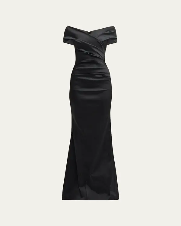 Rickie Freeman For Teri Jon Pleated Stretch Satin Gown - Black