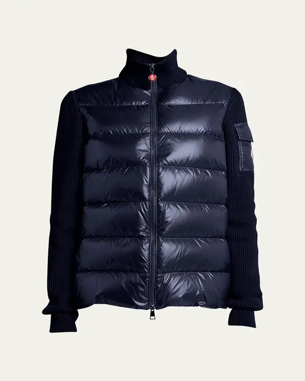 Moncler Mixed Media Wool Puffer Cardigan - Navy