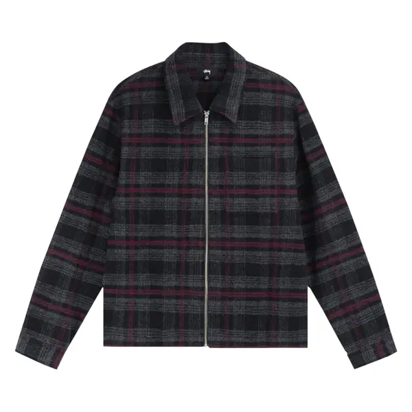 StüSsy Reed Wool Plaid Zip Shirt - Black | Editorialist