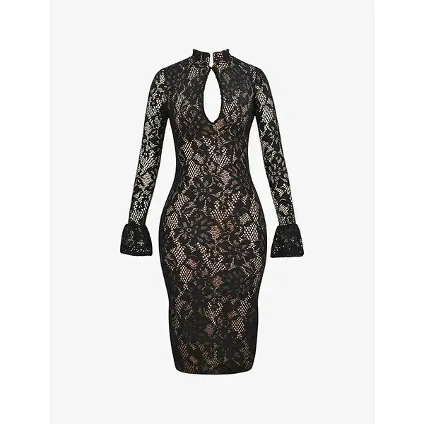 House of CB Stretch-lace Midi Dress with Keyhole Neck - Black