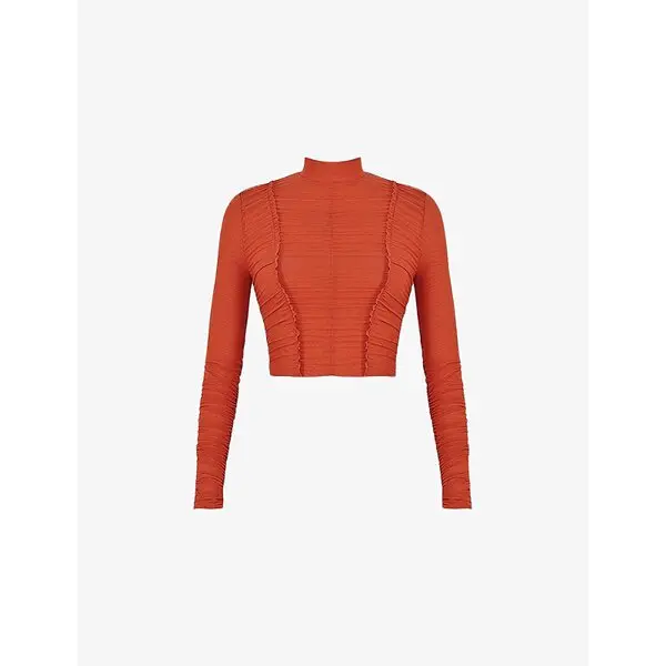 MISTRESS ROCKS Gathered Long-sleeve Stretch-mesh Top