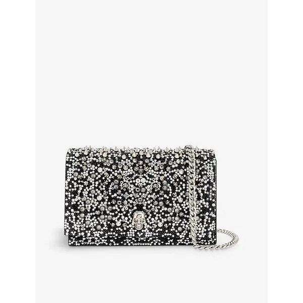 Alexander Mcqueen Crystal-Embellished Suede Shoulder Bag In Black