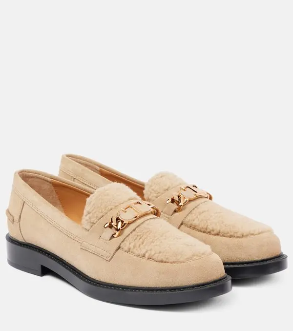 TOD'S Shearling-trimmed Suede Loafers