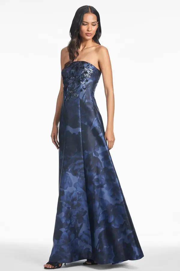 Sachin & Babi Vivien Strapless A-line Gown - Deep Ocean Bouquet