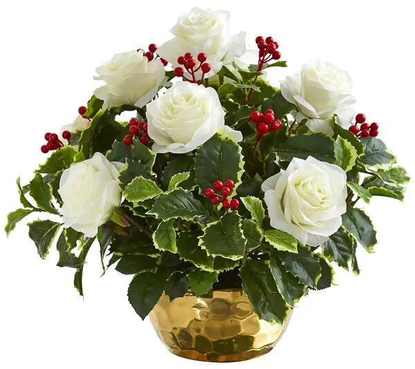 NEARLY NATURAL 15' Rose & Variegated Holly Leaf Arrangement By