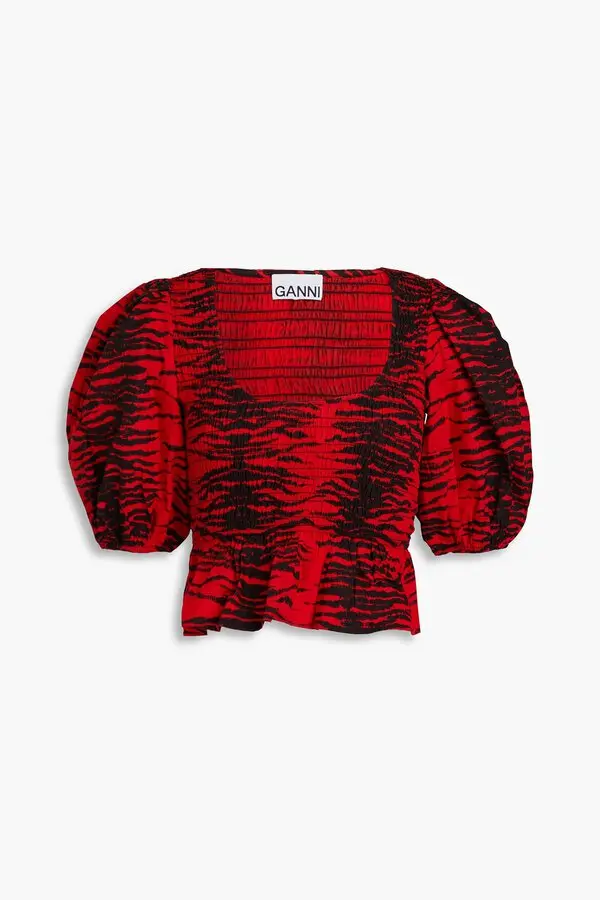 GANNI Tiger-print Cotton-poplin Peplum Top