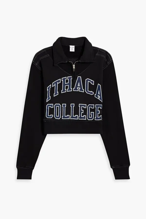 RE/DONE 90s Cropped Printed Cotton-blend Fleece Half-zip Sweatshirt - Black