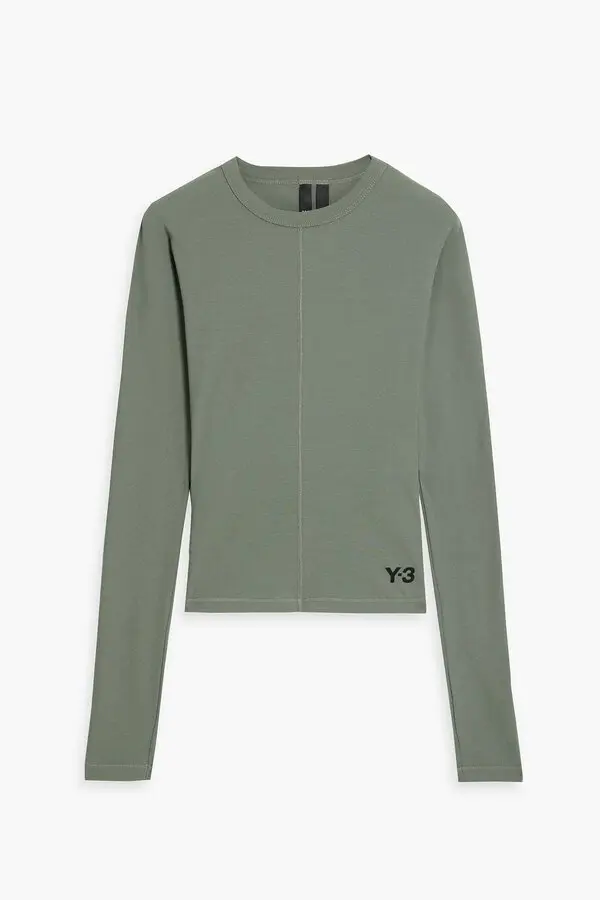 Y3 Logo-print Cotton-jersey Top - Grey Green