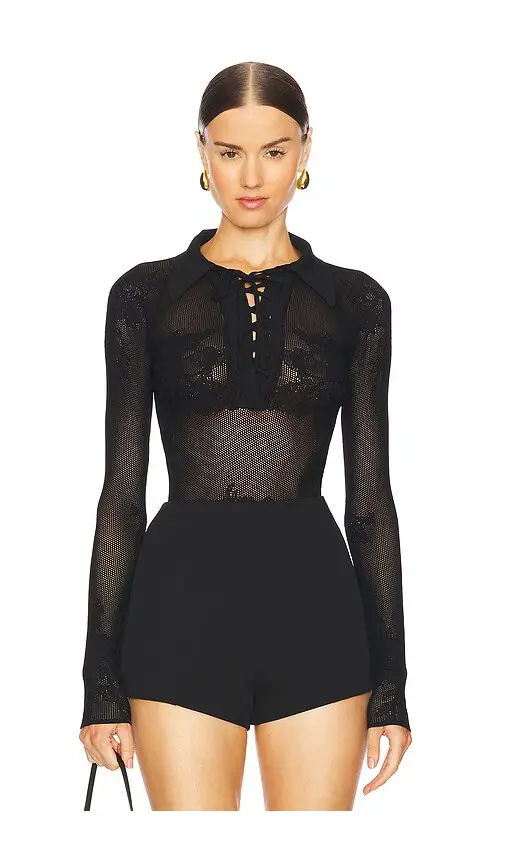Fleur Du Mal Lace Pointelle Collared Bodysuit - Black