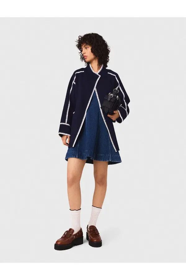 Maje Double-faced Cropped Coat - Blue / Navy / Stripe / White