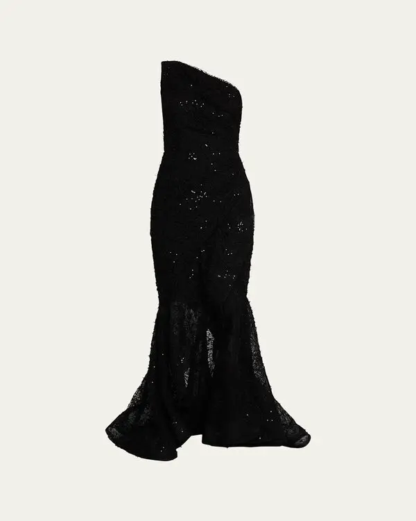 Rickie Freeman For Teri Jon One-shoulder Sequin Lace Gown
