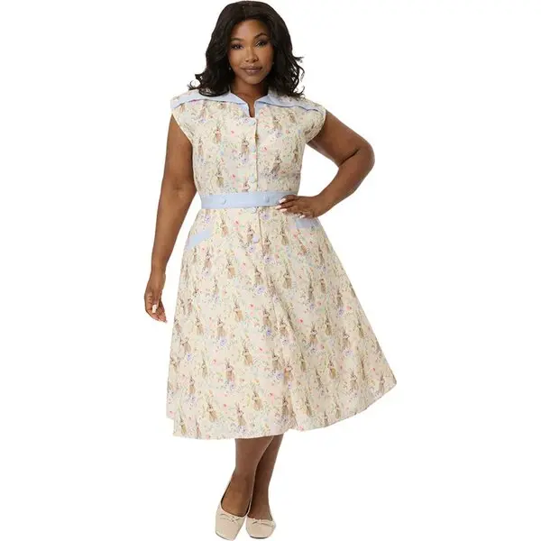 Unique Vintage 1950s Hedda Swing Dress - Cream Bunny Print