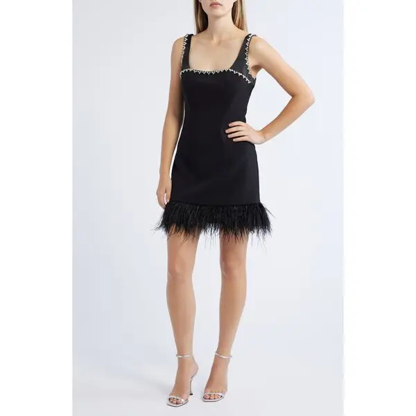 Likely Georgie Crystal & Feather Trim Minidress