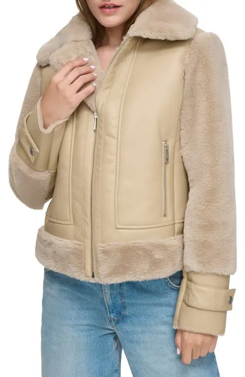 Andrew Marc Faux Fur Trim Faux Leather Aviator Jacket - Oat