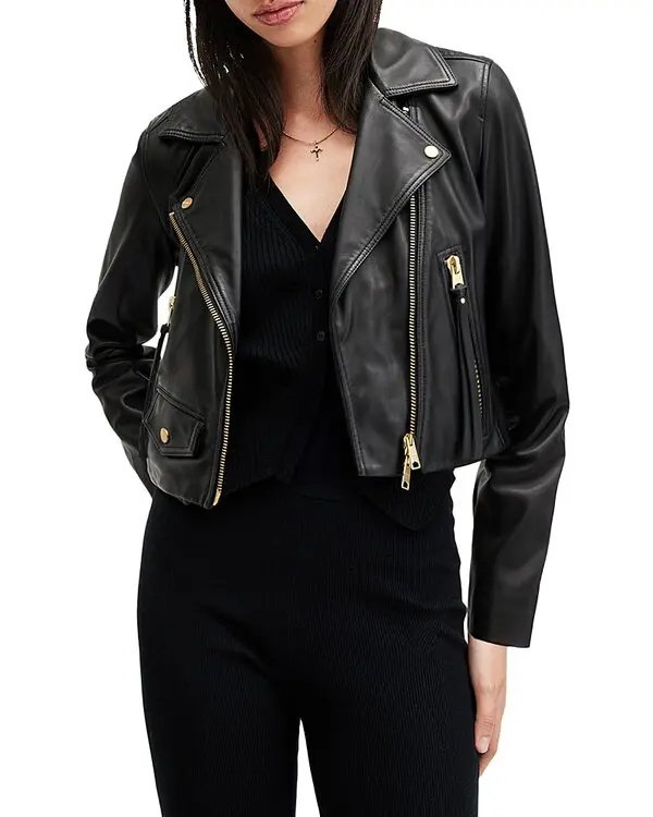 All Saints Elora Cropped Leather Biker Jacket - Black/gold