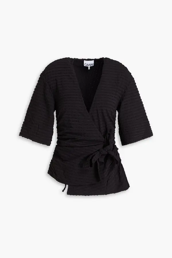 GANNI Ruched Stretch-seersucker Wrap Top