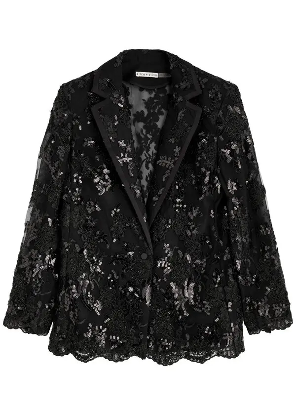 Alice Olivia Judith Embellished Tulle Blazer In Black 60% Off