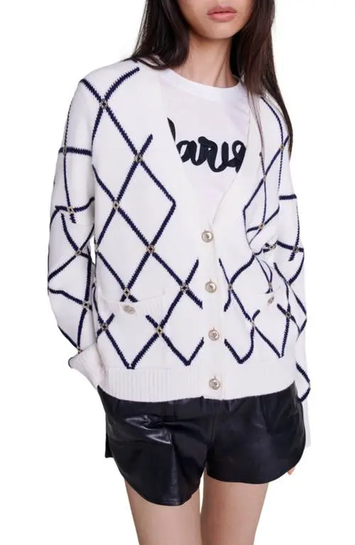 Maje Diamond Pattern Knitted Cardigan - Ecru